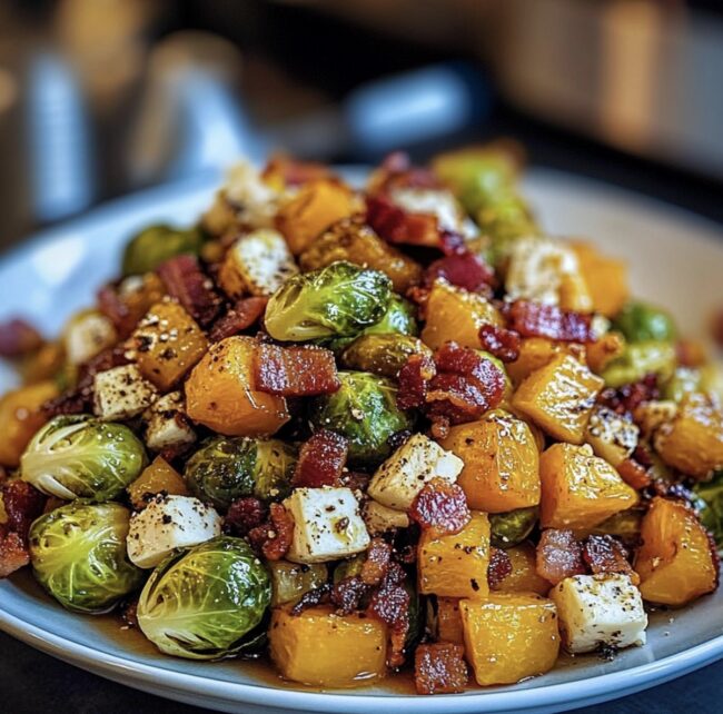 Tangy Maple Brussels Sprouts & Butternut Squash Bacon Recipe - Beard ...