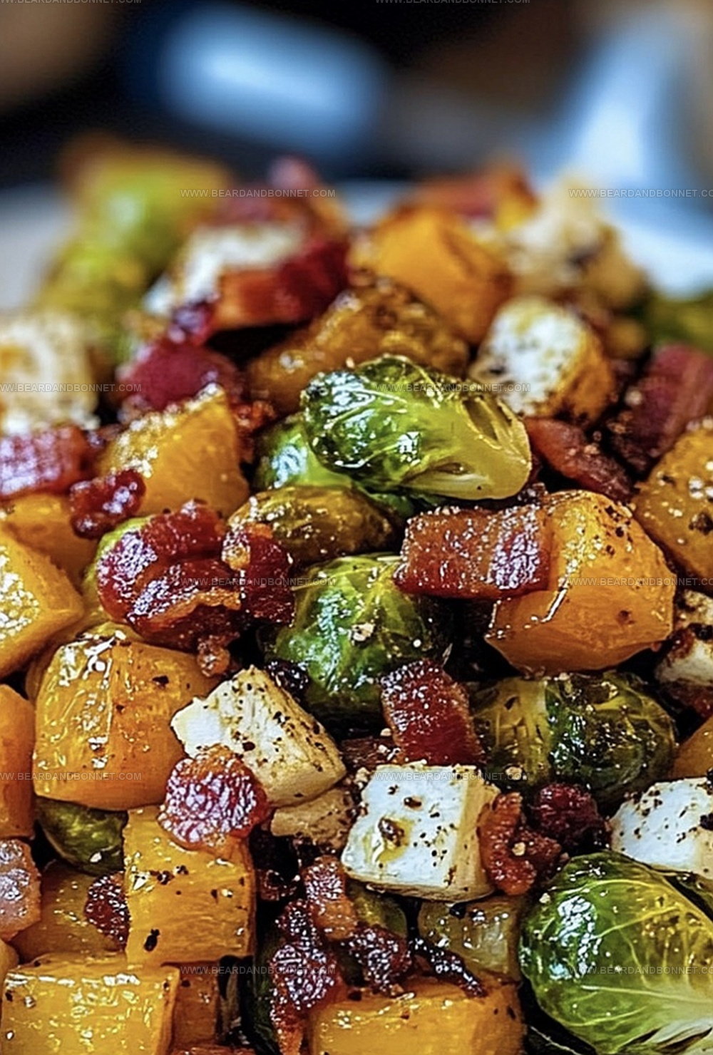 Tangy Maple Brussels Sprouts & Butternut Squash Bacon Recipe - Beard ...
