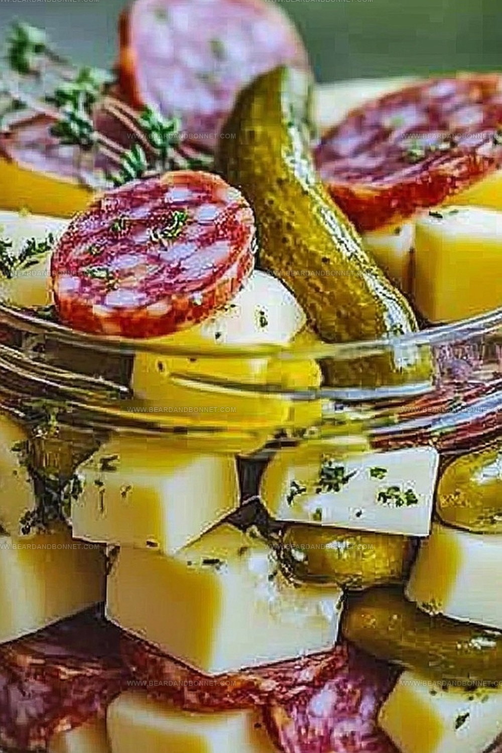 Simple Marinated Cheese Appetizer with Salami & Pickles Recipe - Beard ...